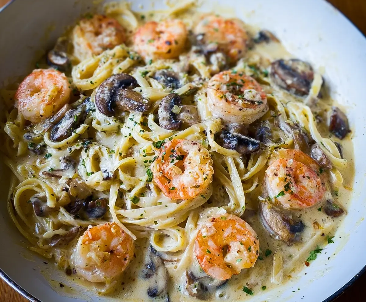 Shrimp Alfredo Pasta with Mushrooms - Delicious Recipe